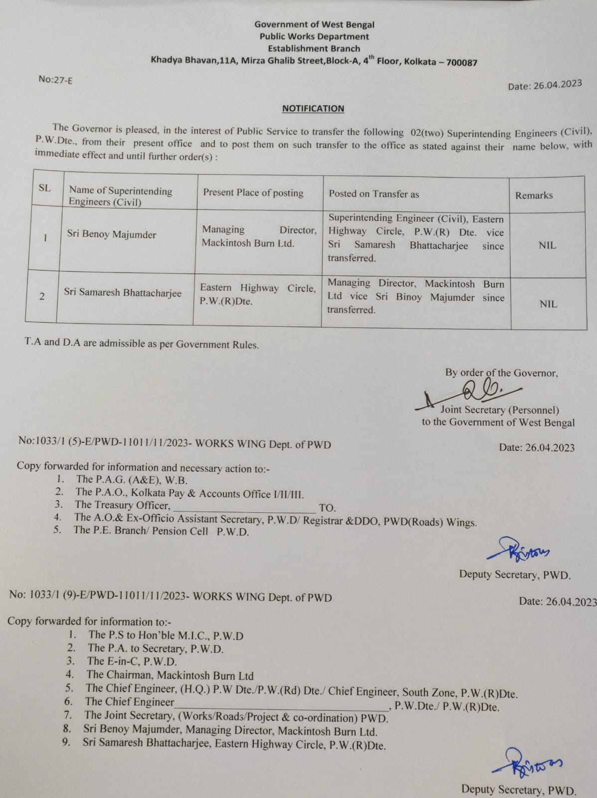 PUBLIC WORKS DEPARTMENT, WEST BENGAL